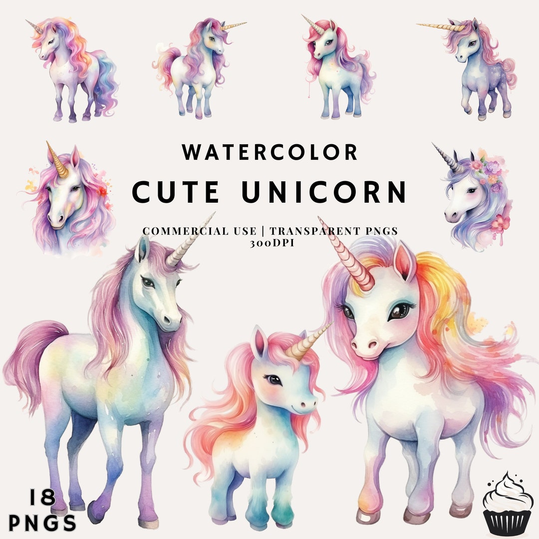 Watercolor Cute Unicorn Clipart Bundle | PNG | Commercial Use | Instant ...
