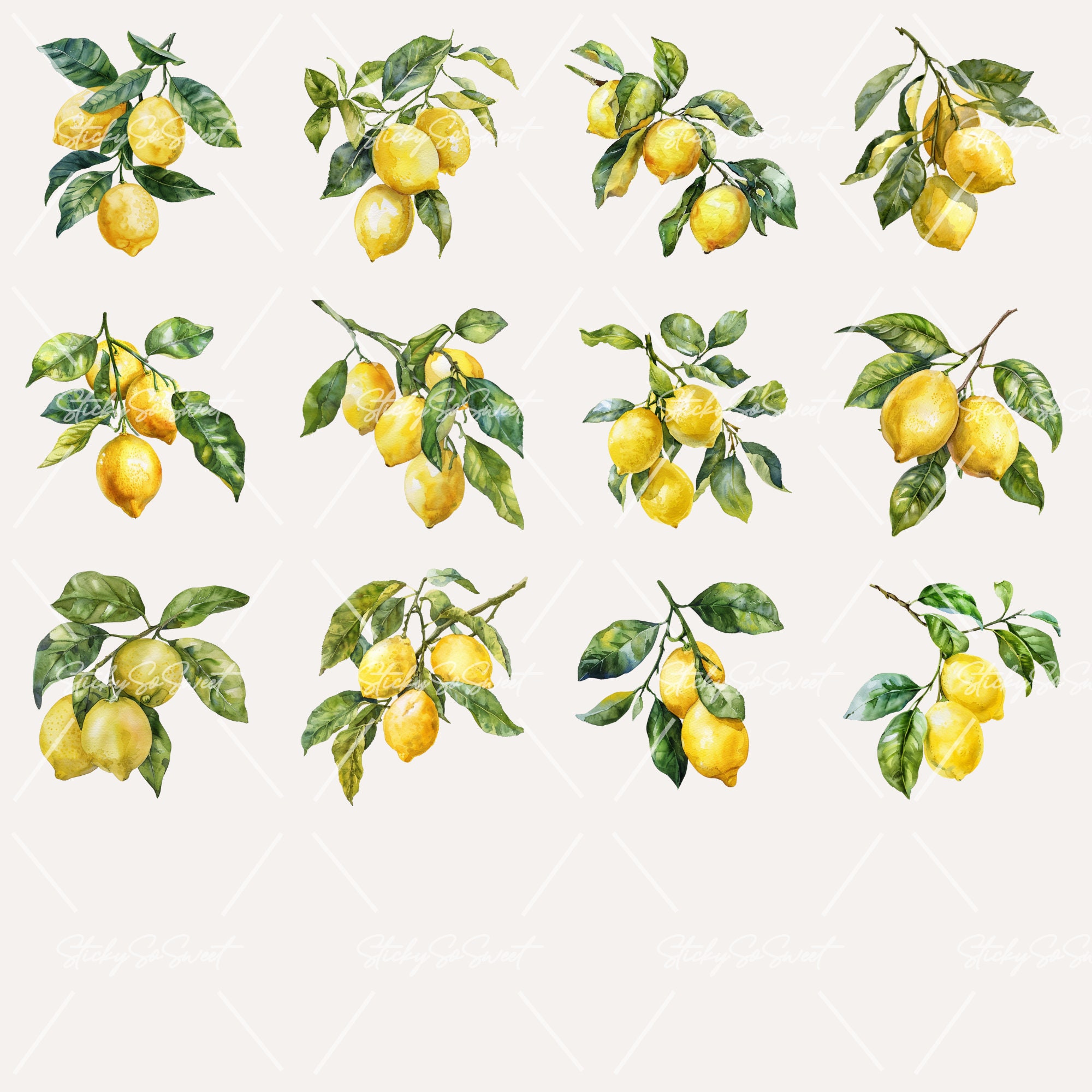 Watercolor Lemon Branch Clipart Bundle | PNG | Commercial Use | Instant ...