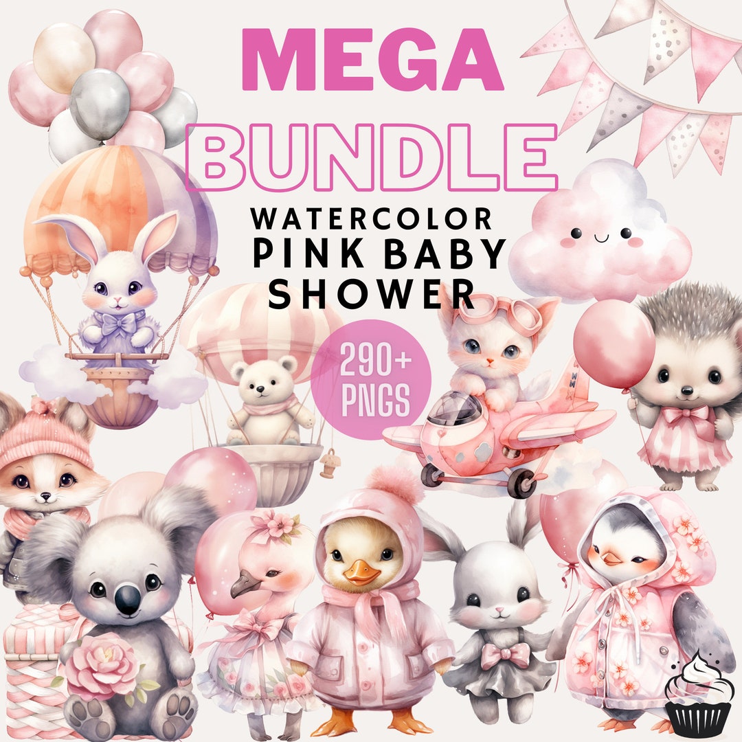 MEGA BUNDLE Watercolor Pink Animals Baby Shower Clipart Bundle | PNG ...