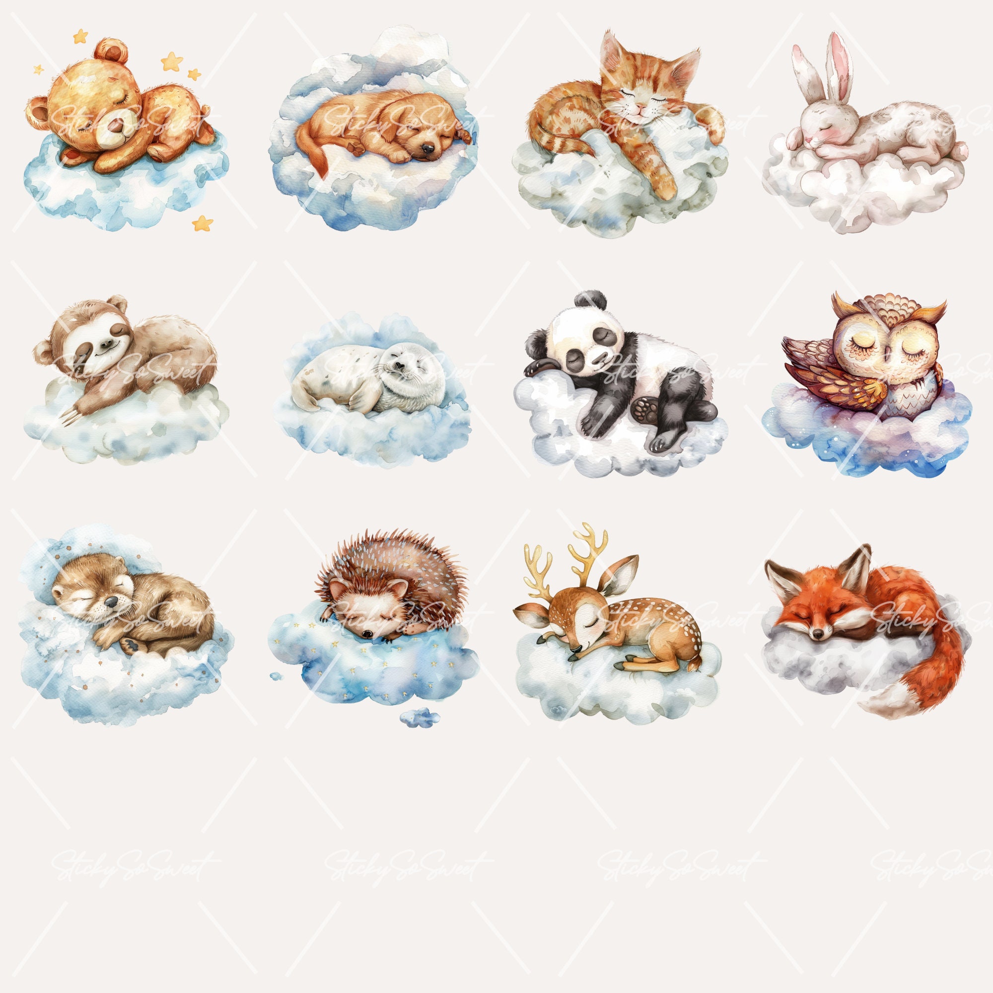 Watercolor Sleeping Animals Clipart | Cute Nursery PNG (commercial Use ...