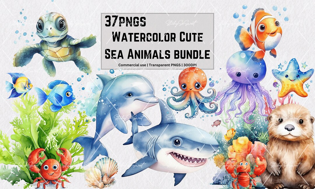 Watercolor Cute Sea Nursery Animals Bundle Clipart PNG - Etsy