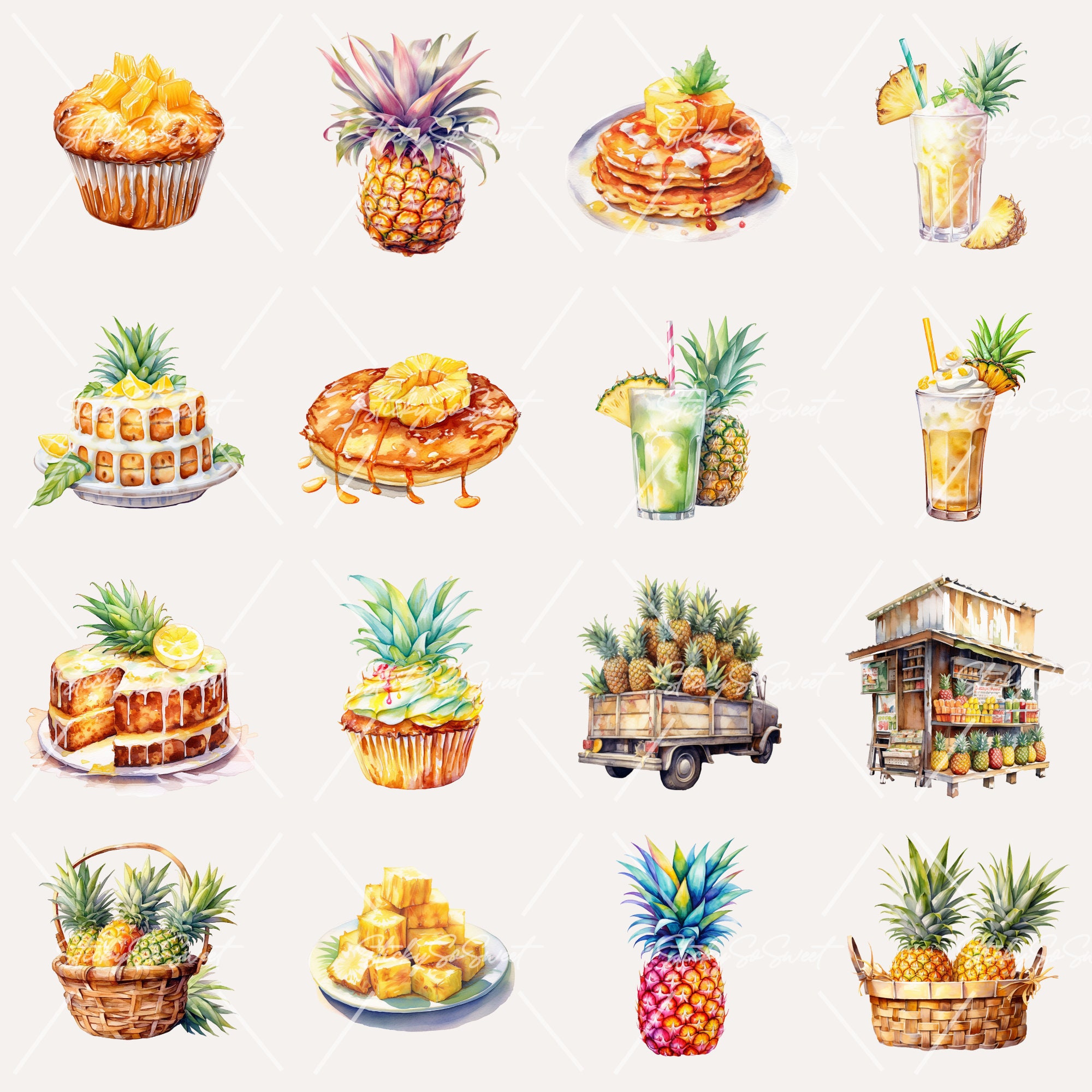 Watercolor Pineapple Bundle Clipart PNG Commercial Use Instant Download ...