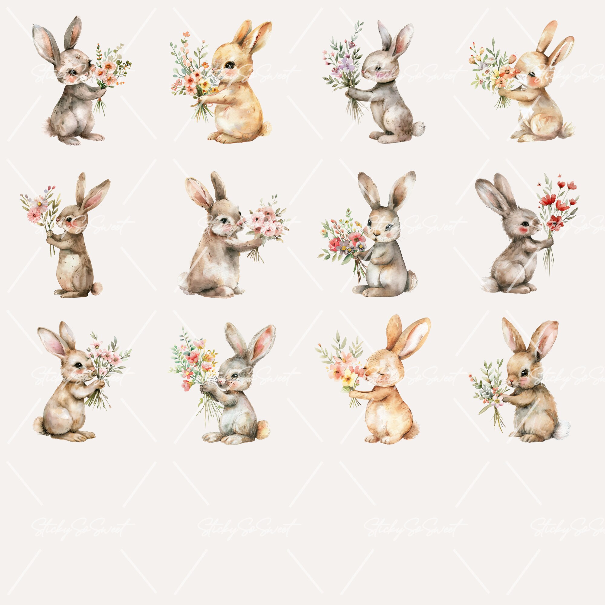 Watercolor Cute Bunny Holding Flowers Clipart Bundle | PNG | Commercial ...