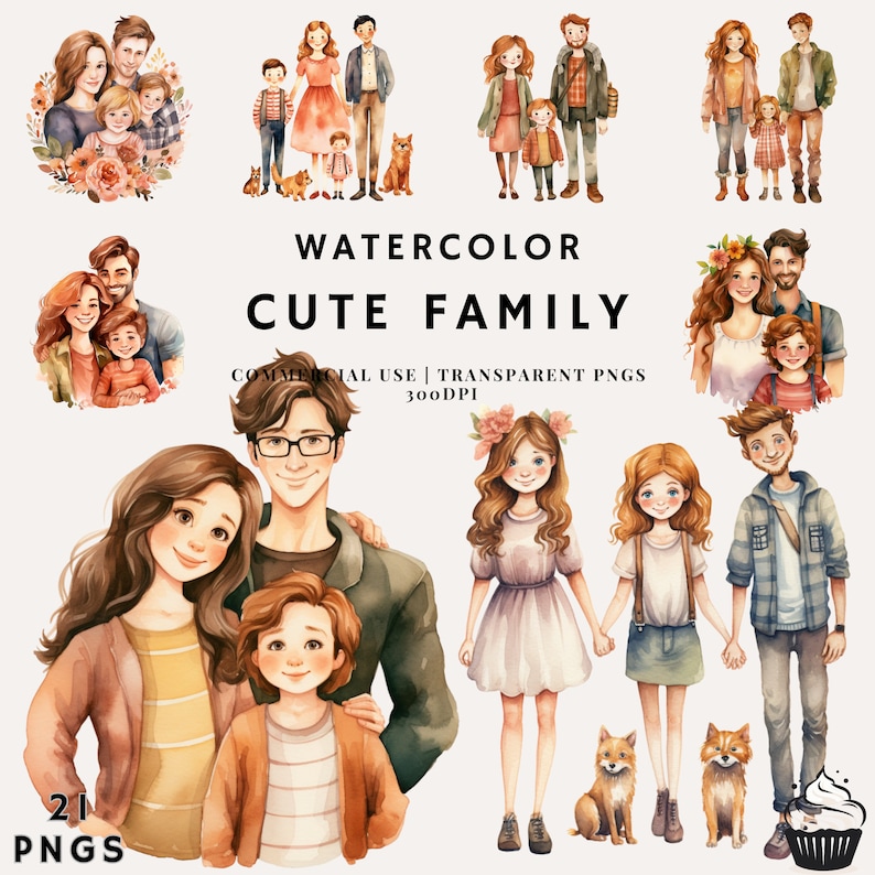 Watercolor Family Clipart | Cute PNG Bundle, Commercial Use (instant ...