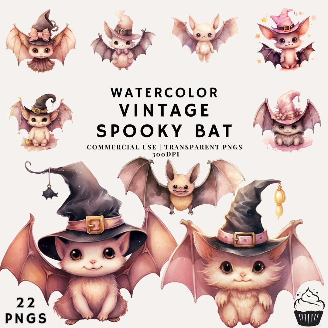 Watercolor Halloween Bat Clipart Bundle: Spooky Vintage PNG (commercial ...