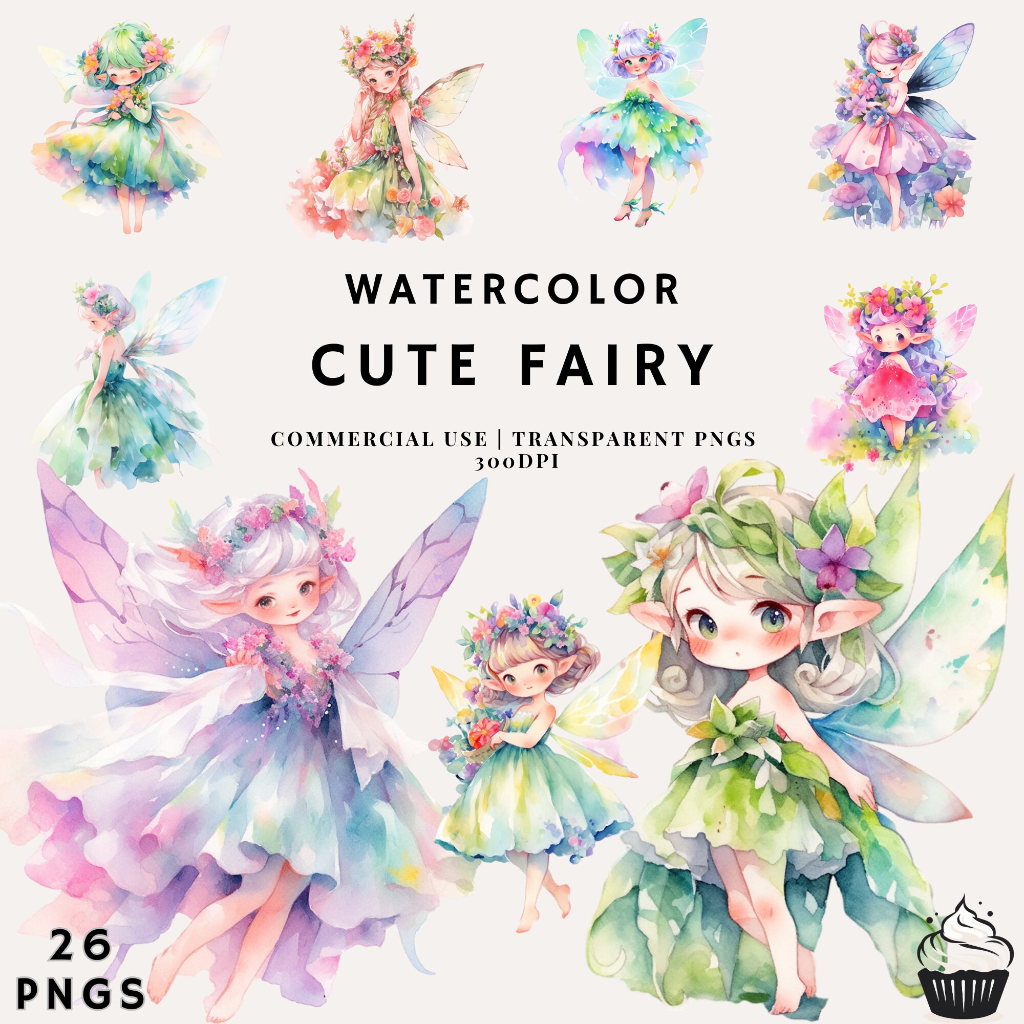 Watercolor Cute Fairy Clipart Bundle PNG Commercial Use - Etsy