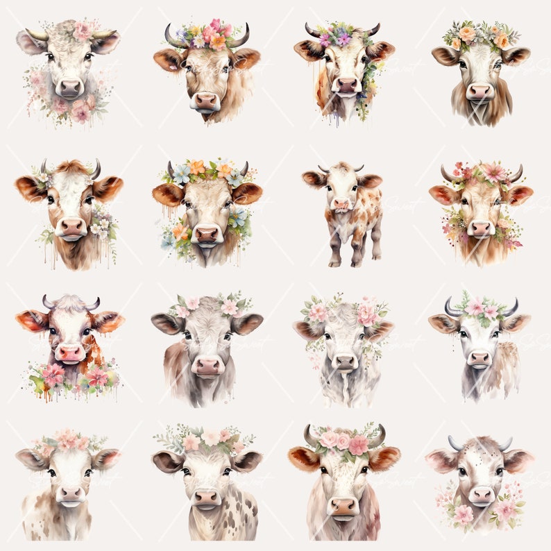 Watercolor Floral Cow Bundle Clipart | PNG | Commercial Use | Instant ...