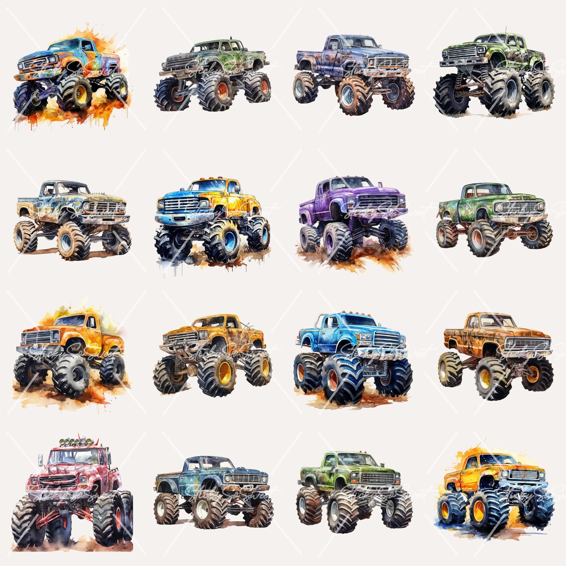 Watercolor Monster Truck Clipart Bundle | PNG | Commercial Use ...