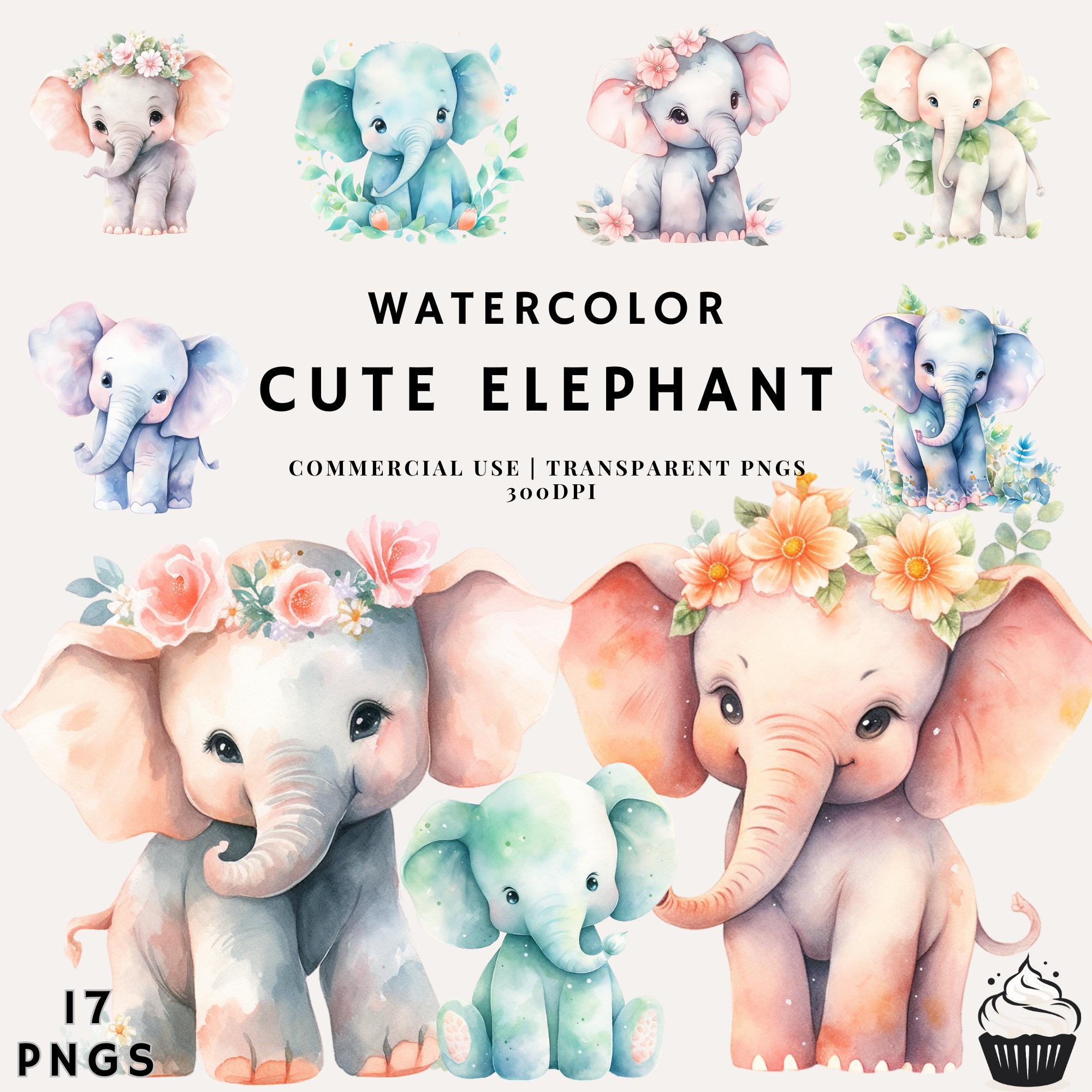 Watercolor Cute Baby Elephant Clipart Bundle PNG Commercial Use Instant ...