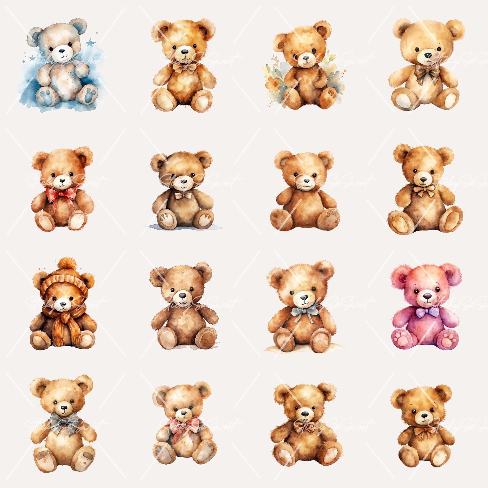Watercolor Teddy Bear Bundle Clipart PNG Commercial Use Instant ...