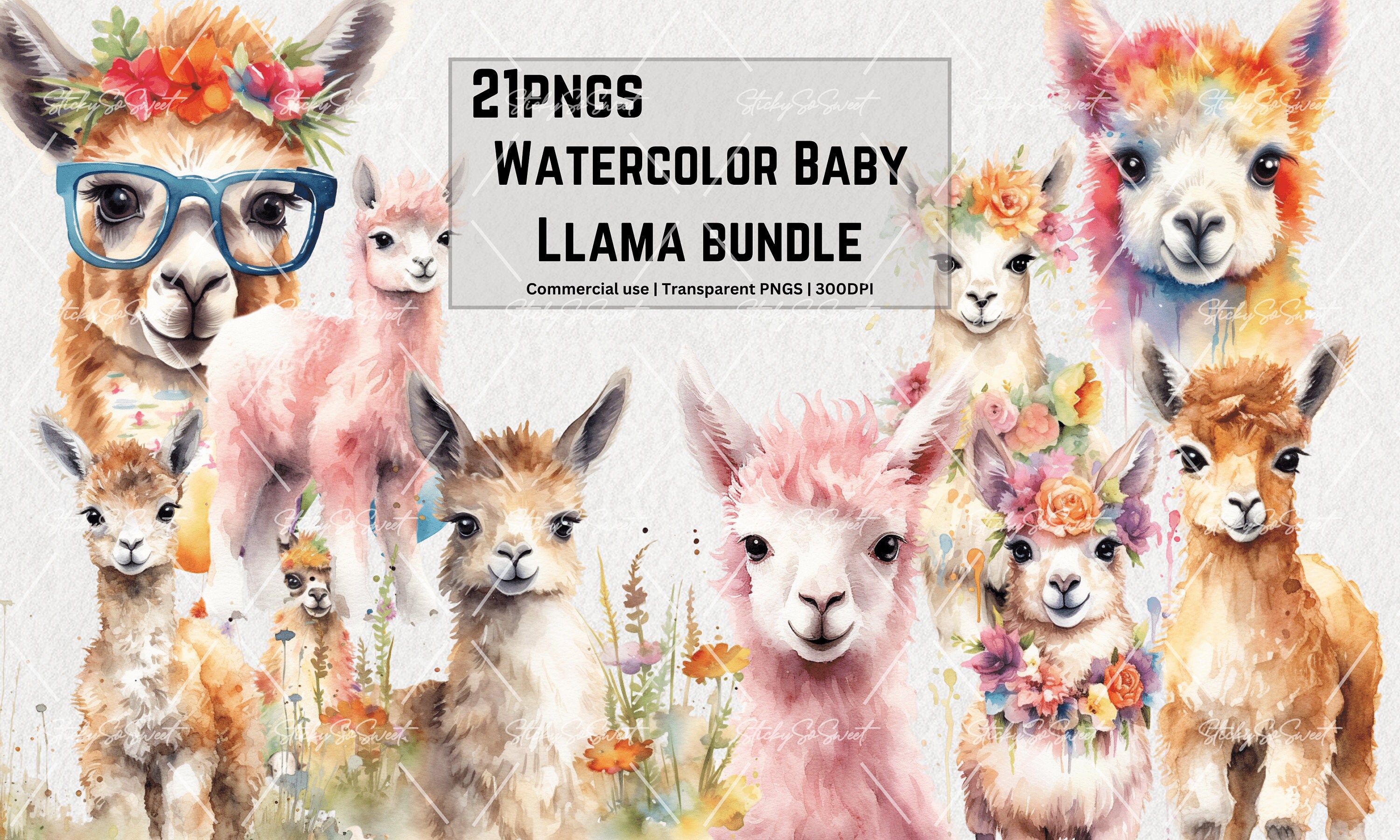 Watercolor Floral Llama Bundle Clipart PNG Commercial Use - Etsy
