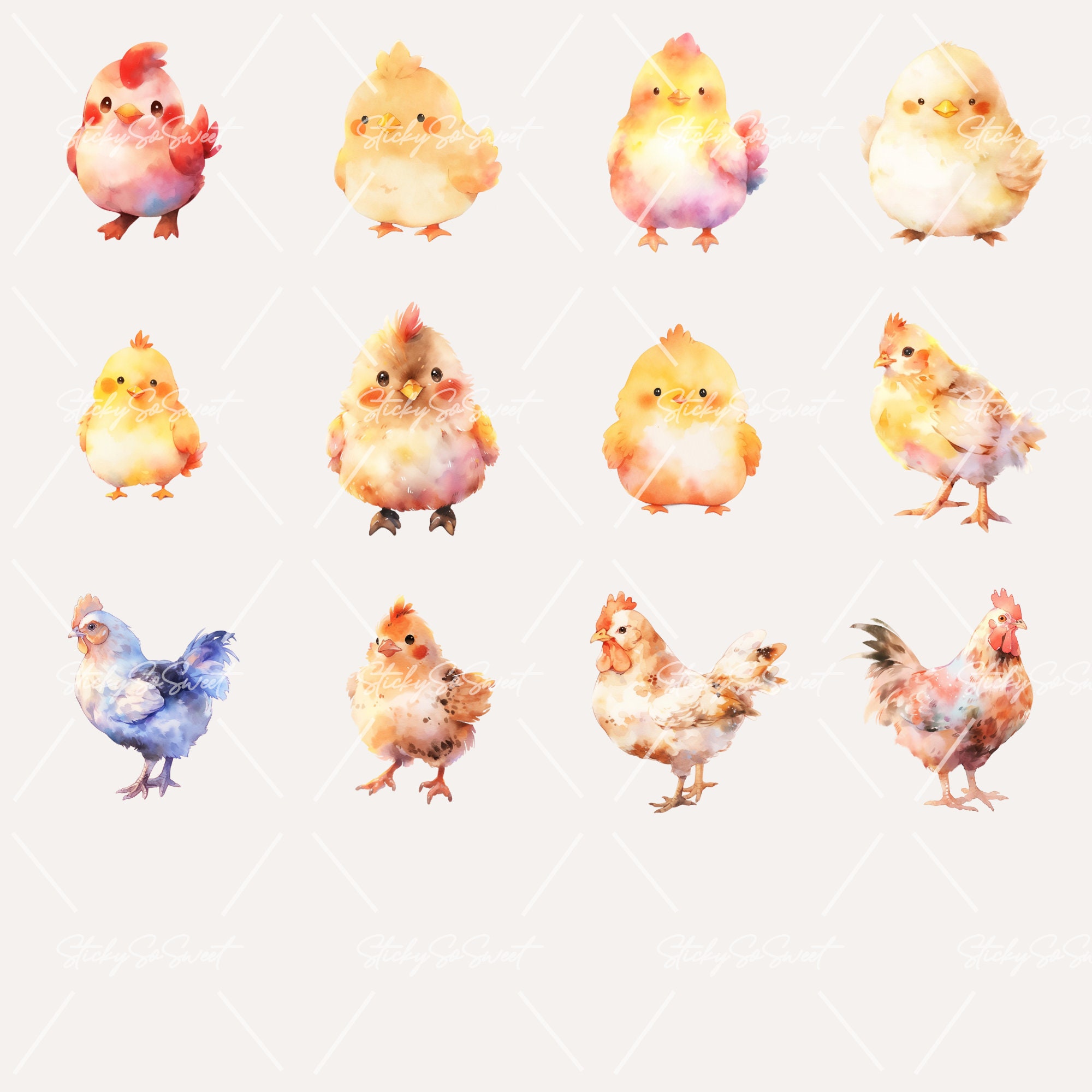 Watercolor Cute Chicken Clipart Bundle | Farm Animal PNG (commercial ...