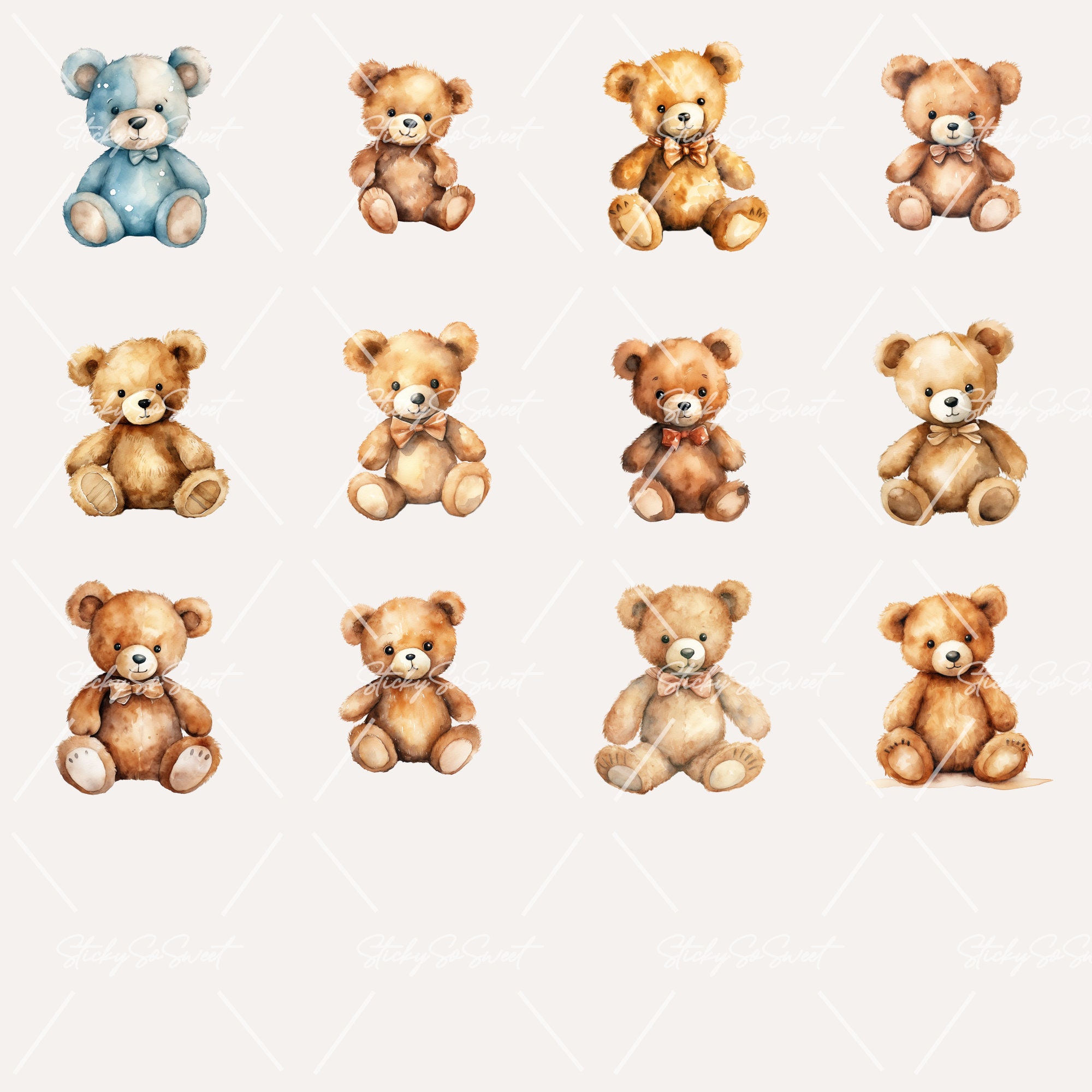 Watercolor Teddy Bear Bundle Clipart | PNG | Commercial Use | Instant ...