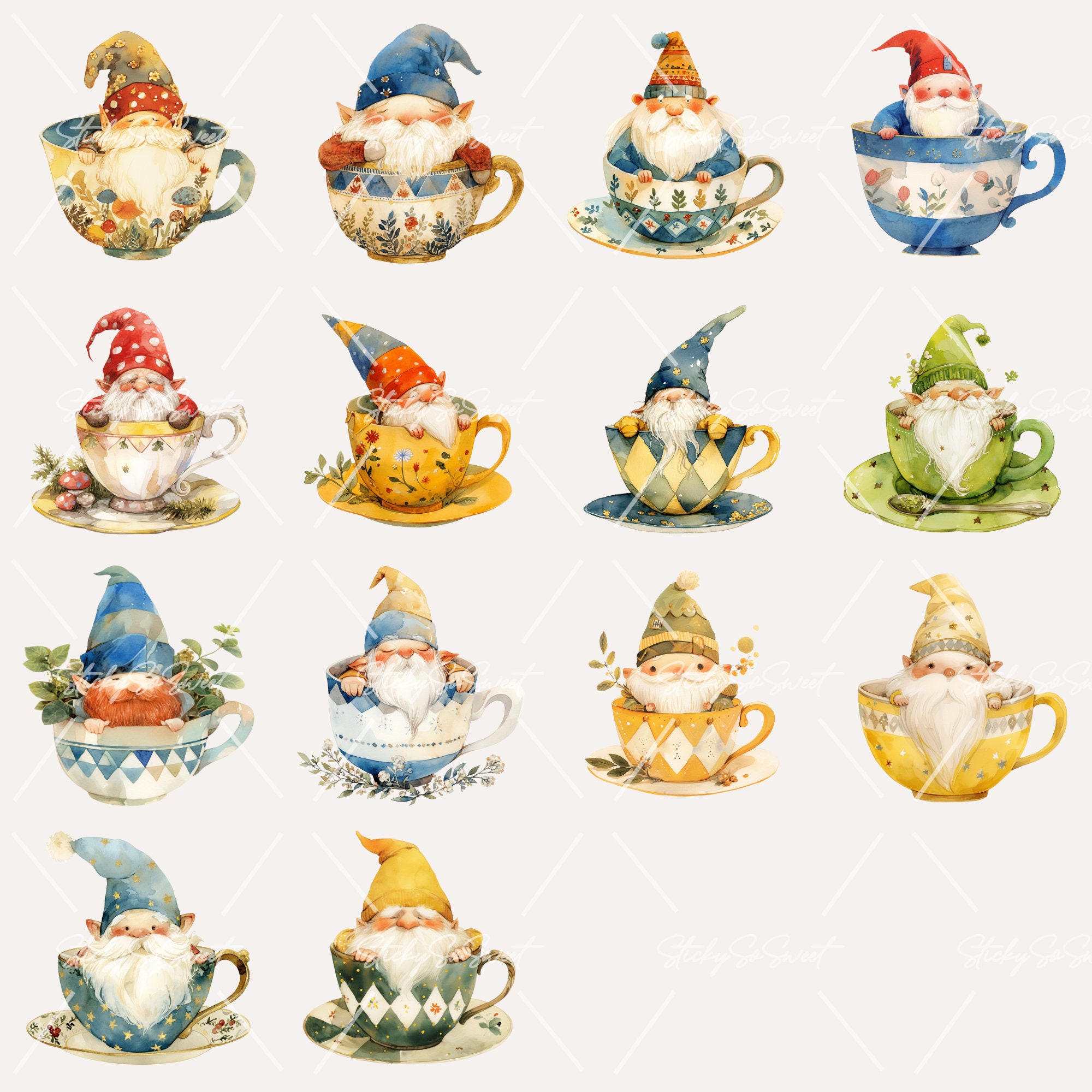 Watercolor Gnome Clipart | Teacup PNG Bundle, Commercial Use (instant ...