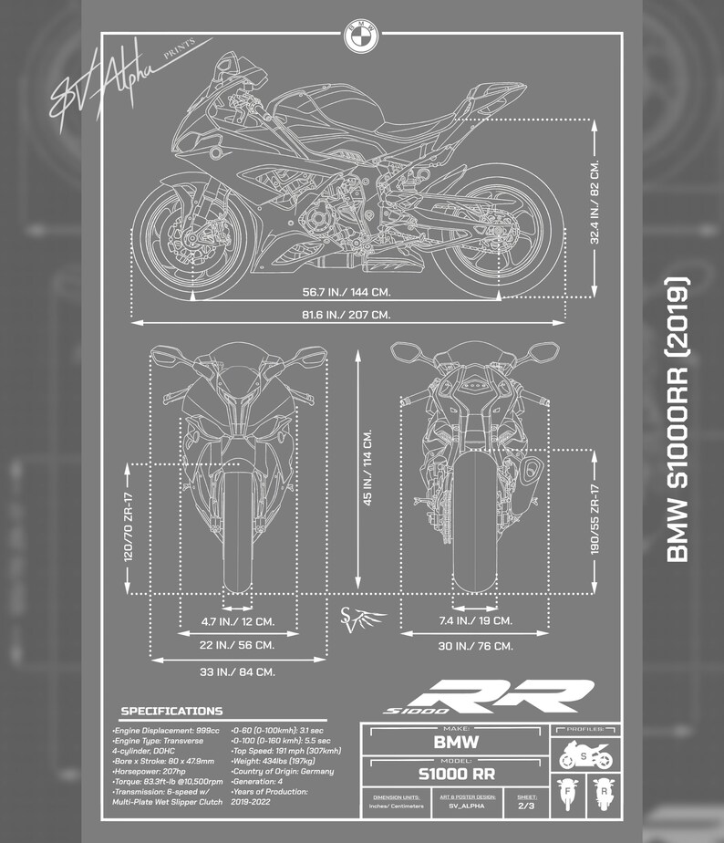 BMW S1000RR (2019) Informational Blueprint - Motorcycle Poster - Etsy