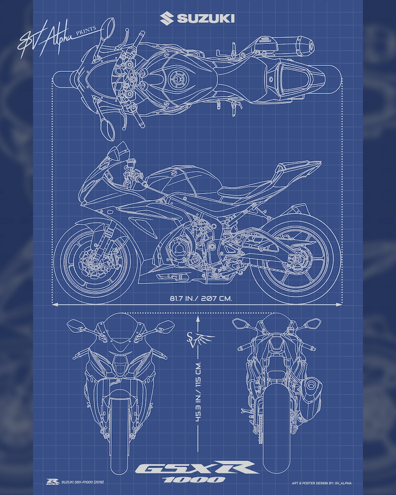 Suzuki GSX-R1000 (2019) Minimalistic Blueprint - Motorcycle Poster - Etsy