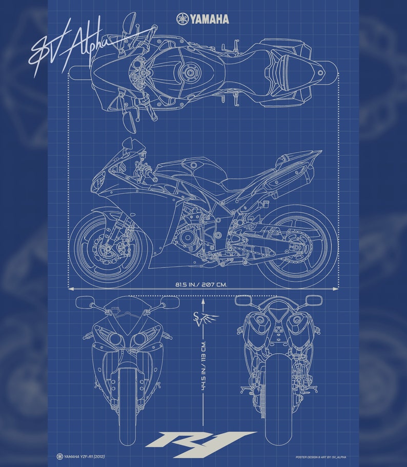 Yamaha YZF-R1 (2012) Minimalistic Blueprint - Motorcycle Poster - Etsy