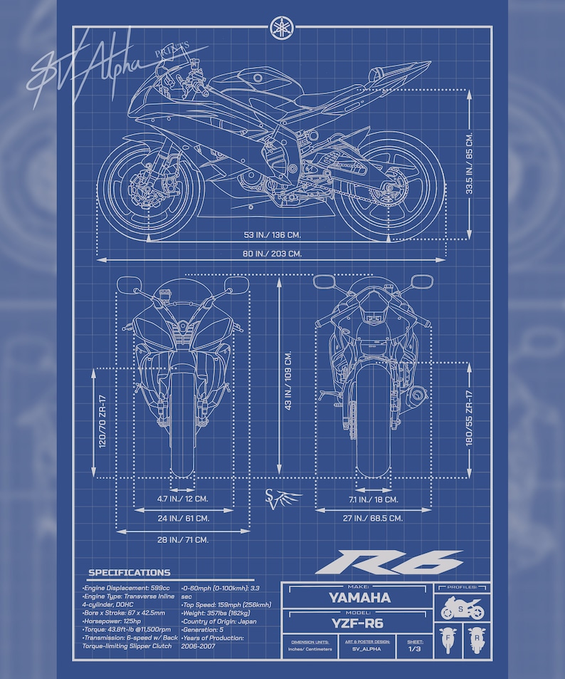 Yamaha YZF-R6 (2006) Informational Blueprint - Motorcycle Poster - Etsy