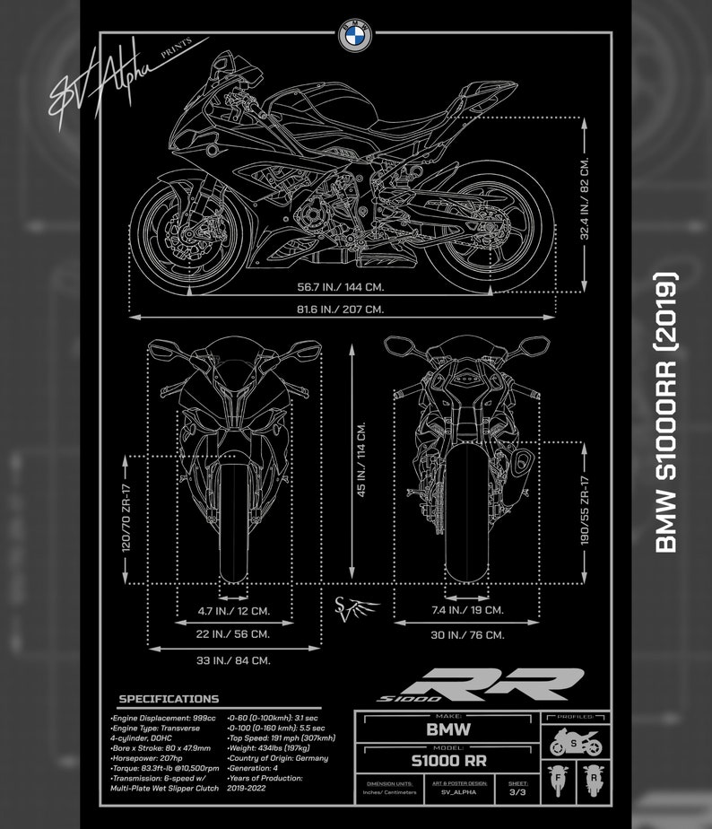 BMW S1000RR (2019) Informational Blueprint - Motorcycle Poster - Etsy
