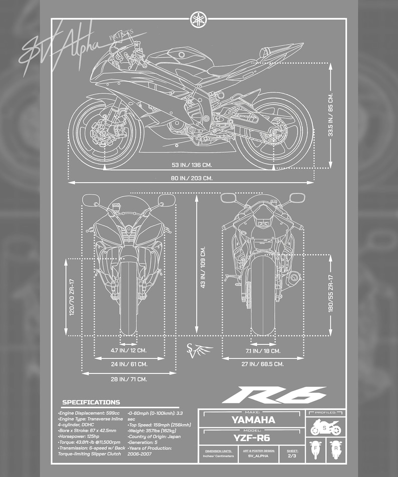 Yamaha YZF-R6 2006 Informational Blueprint Motorcycle Poster - Etsy