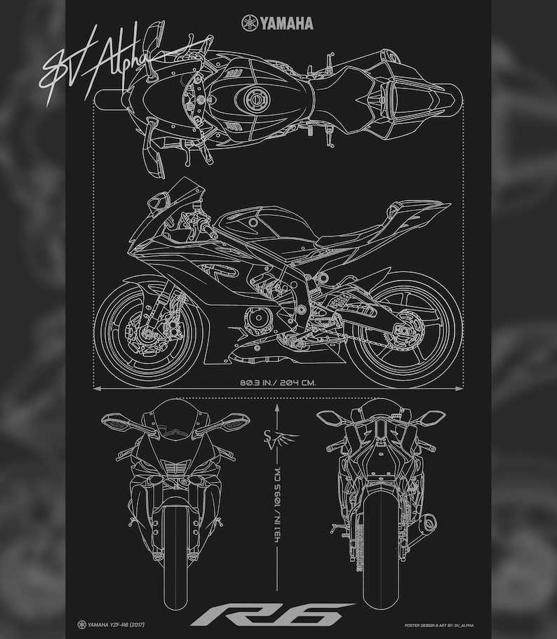 Yamaha YZF-R6 (2017) Minimalistic Blueprint - Motorcycle Poster - Etsy