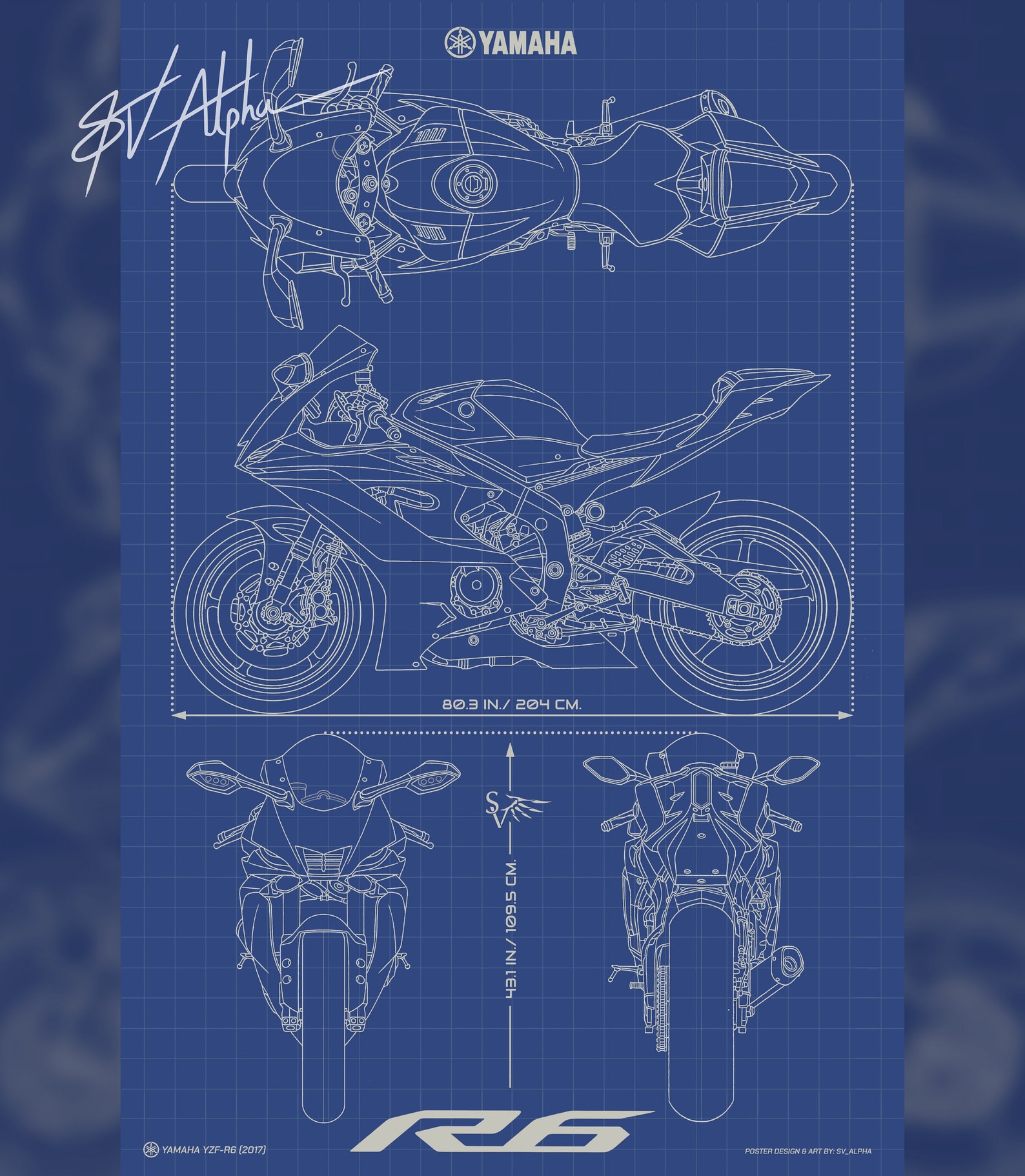 Yamaha YZF-R6 (2017) Minimalistic Blueprint - Motorcycle Poster - Etsy
