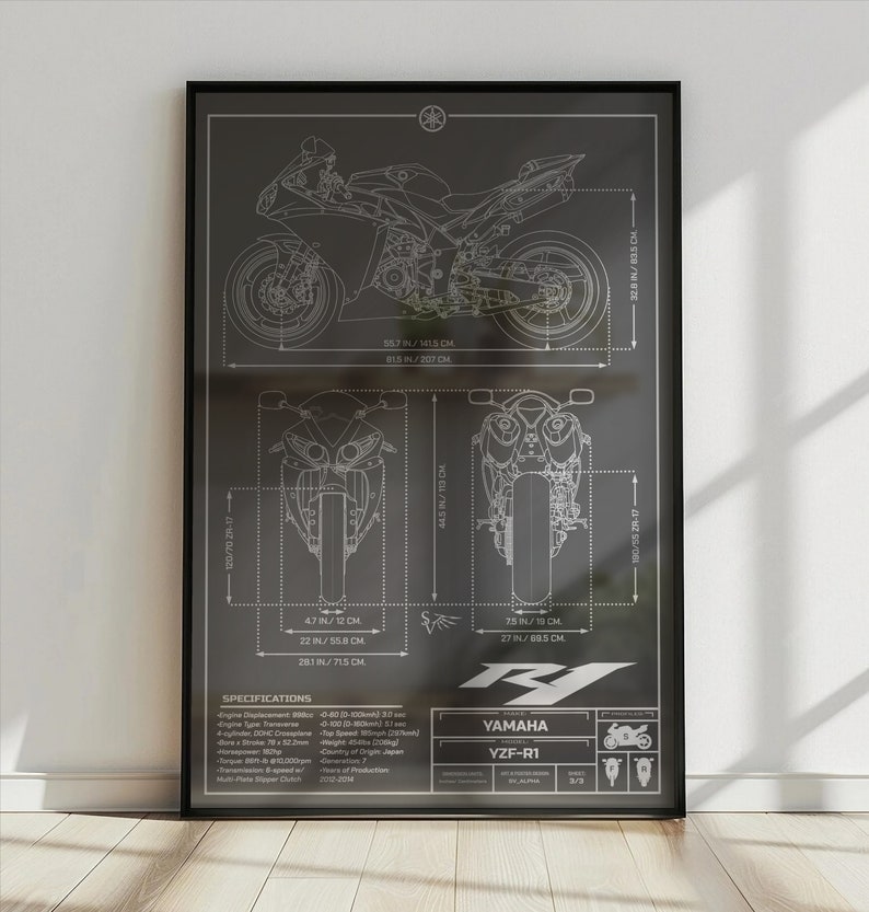 Yamaha YZF-R1 (2012) Informational Blueprint - Motorcycle Poster - Etsy