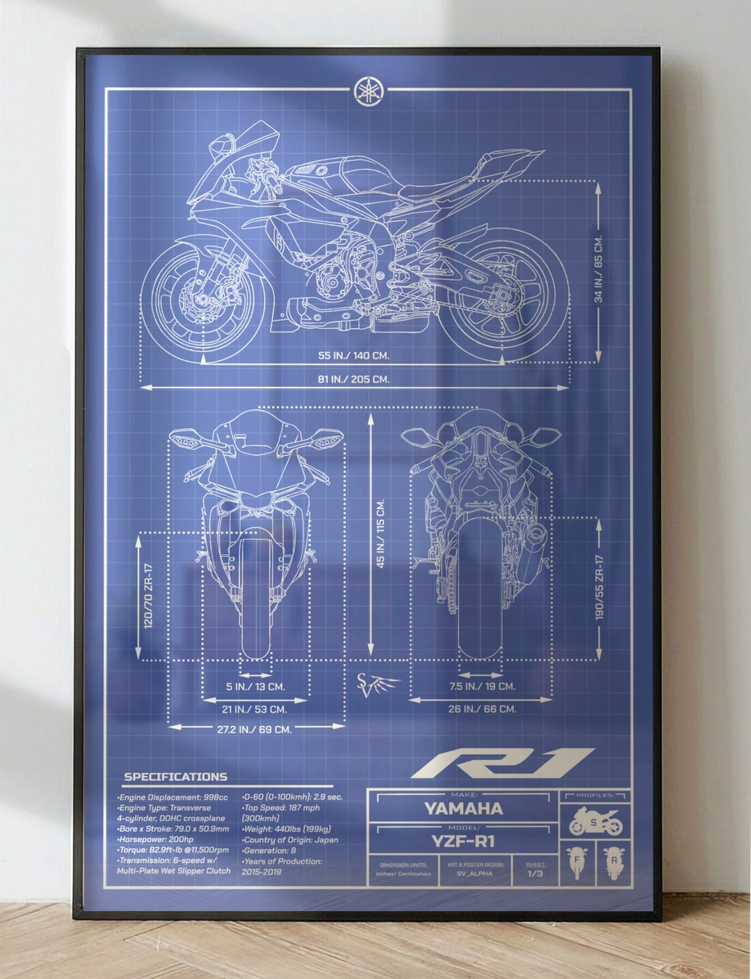 Yamaha YZF-R1 (2015) Informational Blueprint - Motorcycle Poster - Etsy