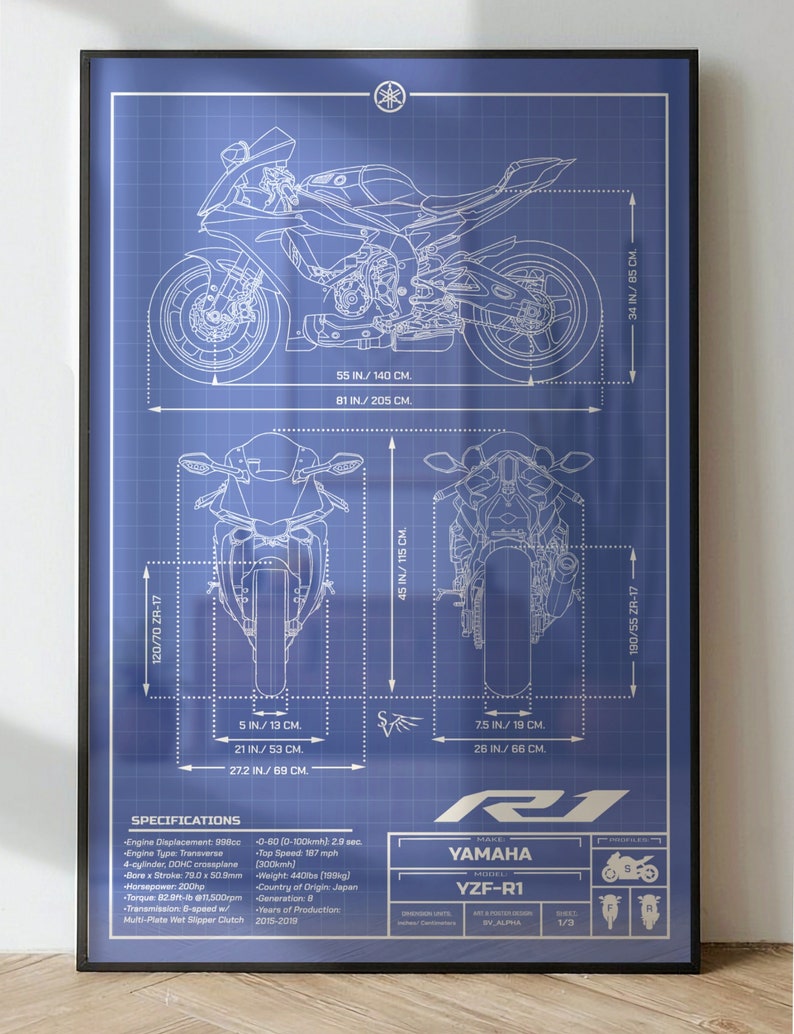 Yamaha YZF-R1 (2015) Informational Blueprint - Motorcycle Poster - Etsy