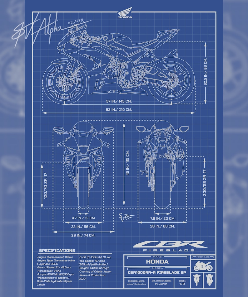 Honda CBR1000RR-R Fireblade SP 2021 Informational Blueprint Motorcycle ...