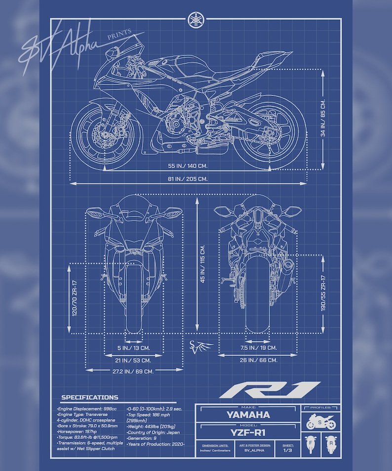 Yamaha YZF-R1 (2020) Informational Blueprint - Motorcycle Poster - Etsy
