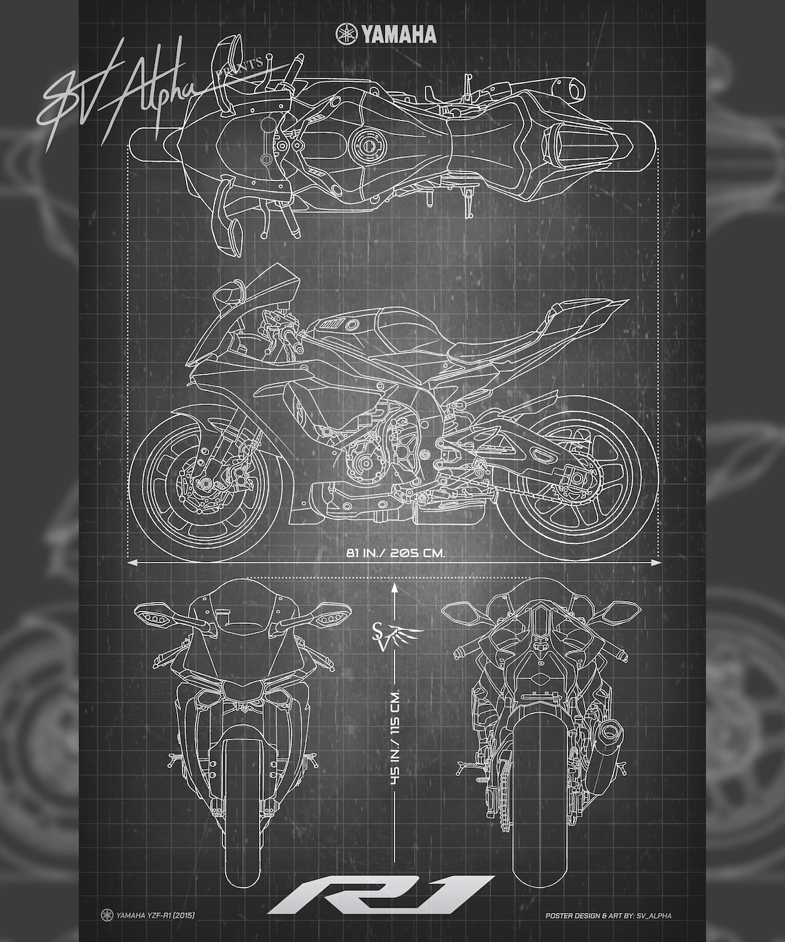 Yamaha YZF-R1 (2015) Minimalistic Blueprint - Motorcycle Poster - Etsy