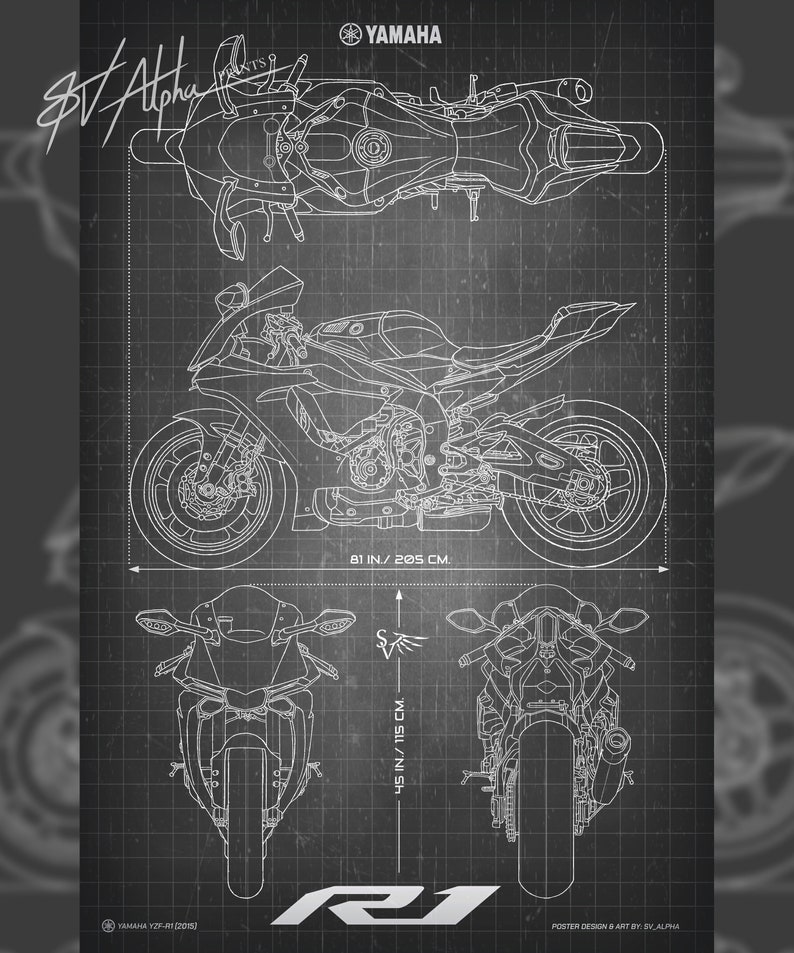 Yamaha YZF-R1 (2015) Minimalistic Blueprint - Motorcycle Poster - Etsy