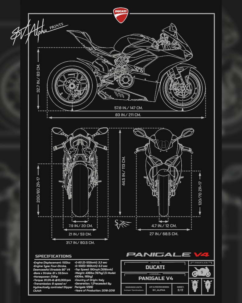 Ducati Panigale V4 (2018) Informational Blueprint - Motorcycle Poster ...