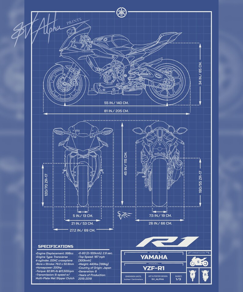 Yamaha YZF-R1 (2015) Informational Blueprint - Motorcycle Poster - Etsy