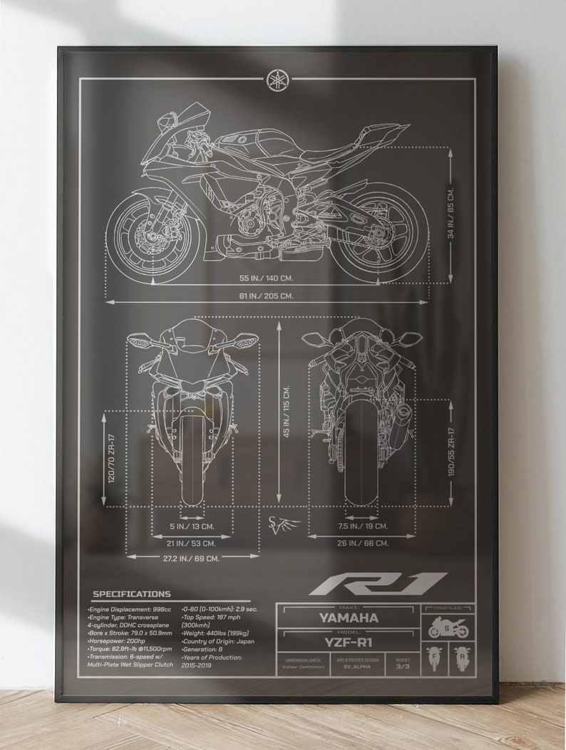 Yamaha YZF-R1 (2015) Informational Blueprint - Motorcycle Poster - Etsy