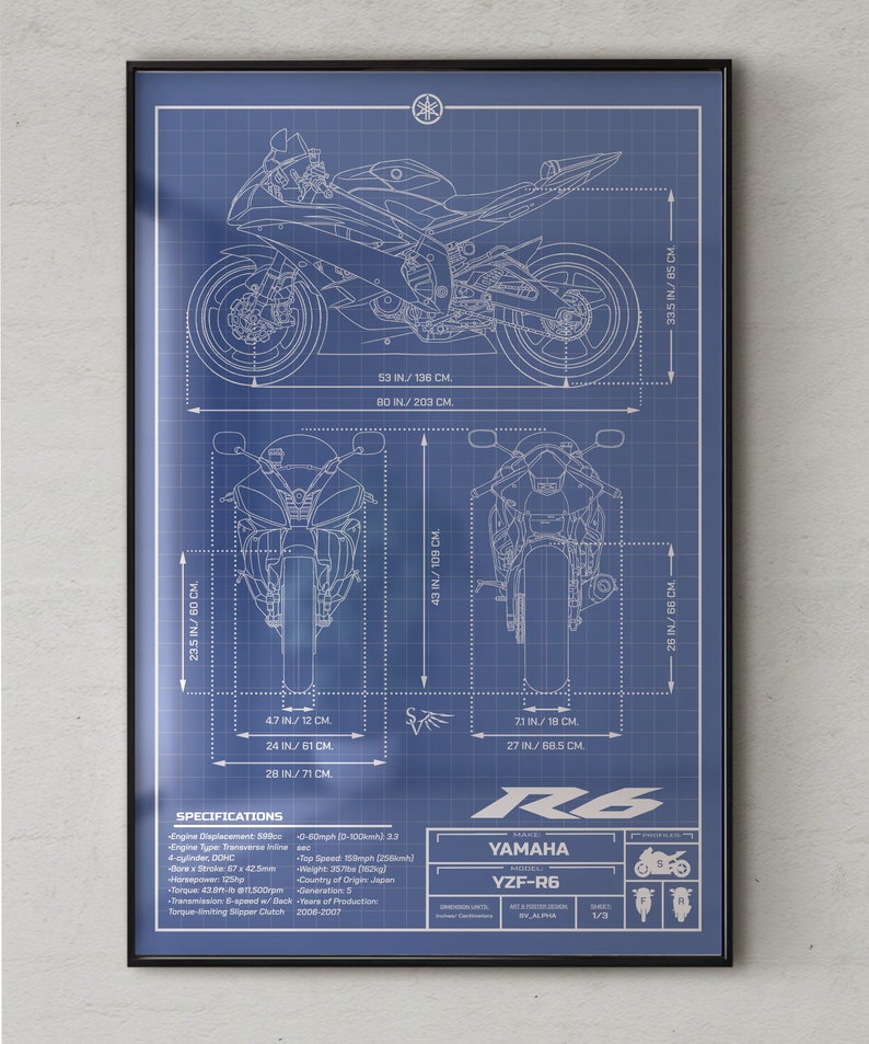 Yamaha YZF-R6 (2006) Informational Blueprint - Motorcycle Poster - Etsy