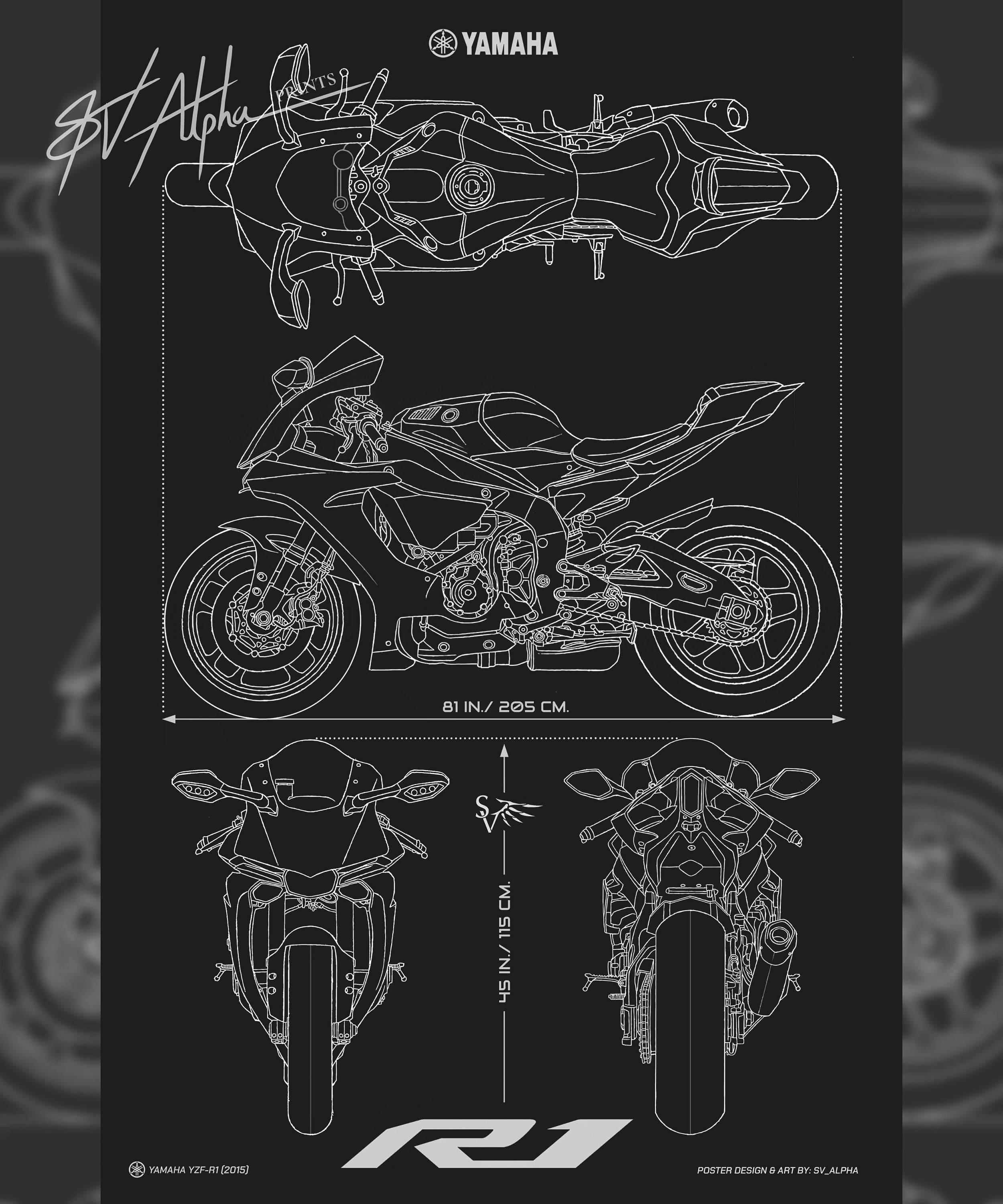 Yamaha YZF-R1 (2015) Minimalistic Blueprint - Motorcycle Poster - Etsy