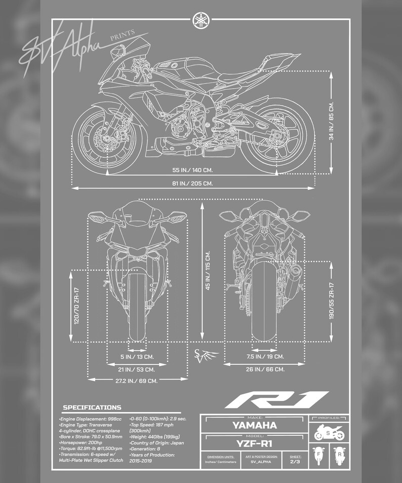 Yamaha YZF-R1 (2015) Informational Blueprint - Motorcycle Poster - Etsy