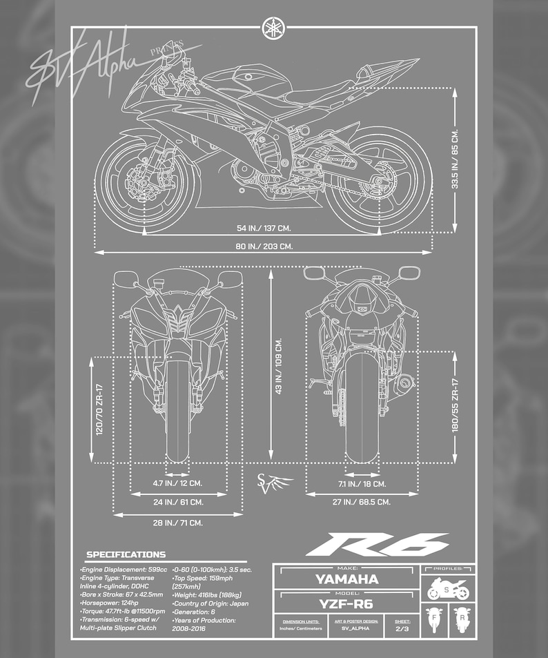 Yamaha YZF-R6 (2013) Informational Blueprint - Motorcycle Poster - Etsy