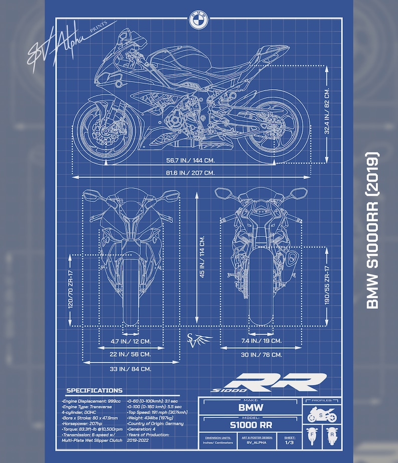 BMW S1000RR (2019) Informational Blueprint - Motorcycle Poster - Etsy