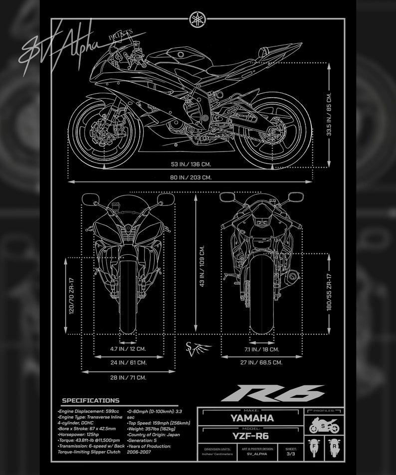 Yamaha YZF-R6 (2006) Informational Blueprint - Motorcycle Poster - Etsy