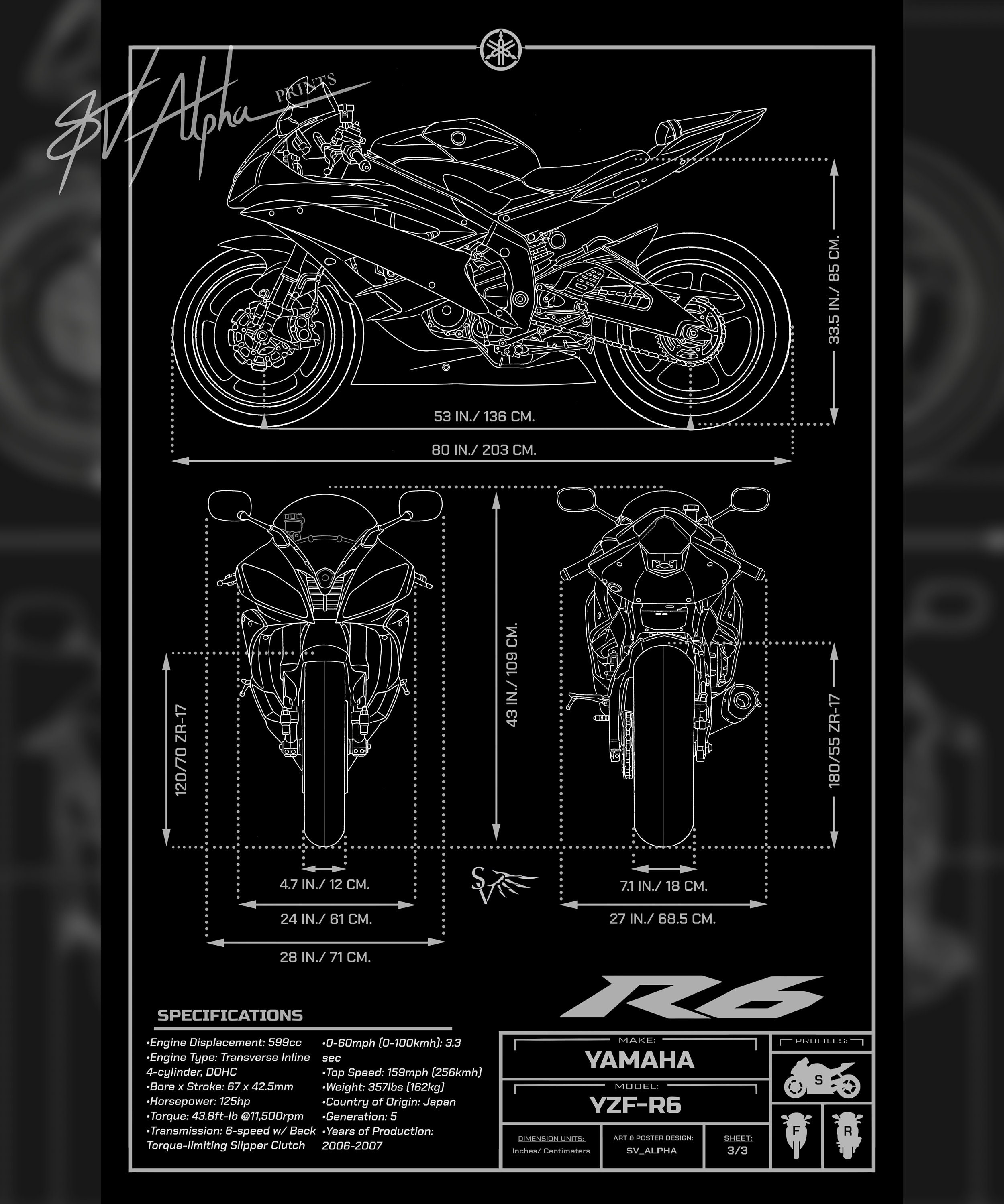 Yamaha YZF-R6 (2006) Informational Blueprint - Motorcycle Poster - Etsy
