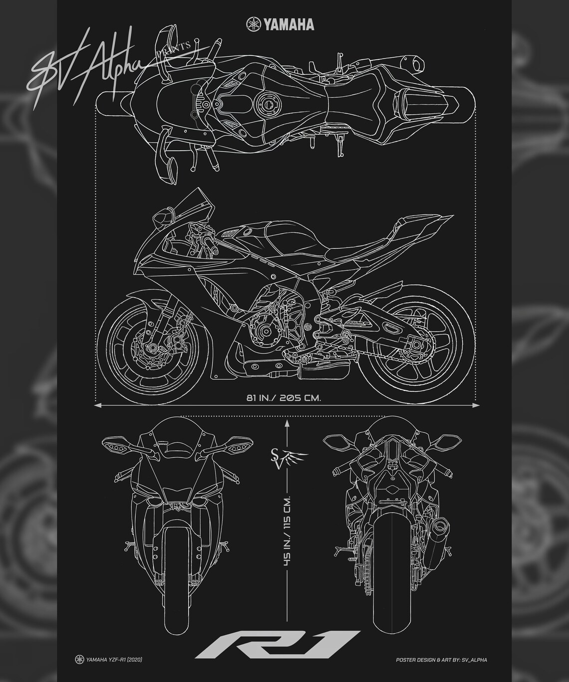 Yamaha YZF-R1 (2020) Minimalistic Blueprint - Motorcycle Poster - Etsy