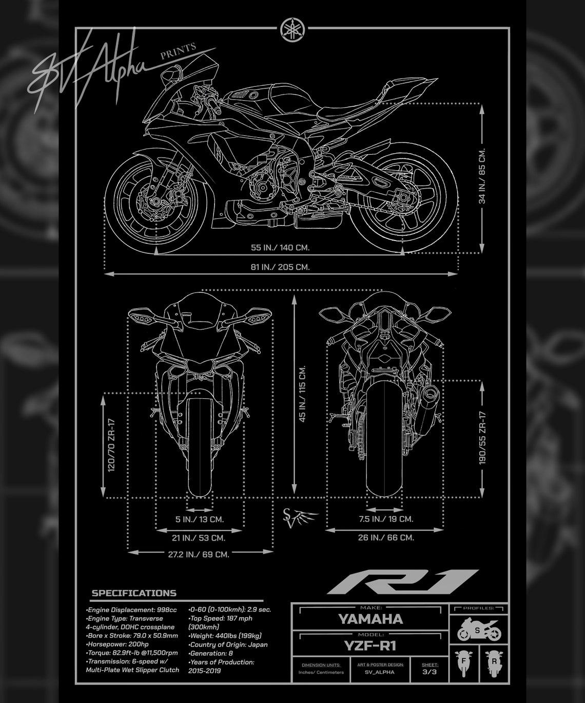 Yamaha YZF-R1 2015 Informational Blueprint Motorcycle Poster - Etsy