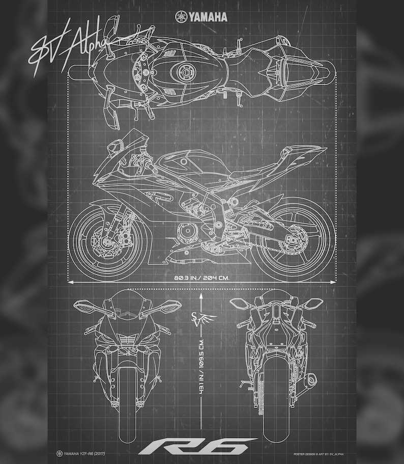Yamaha YZF-R6 (2017) Minimalistic Blueprint - Motorcycle Poster - Etsy