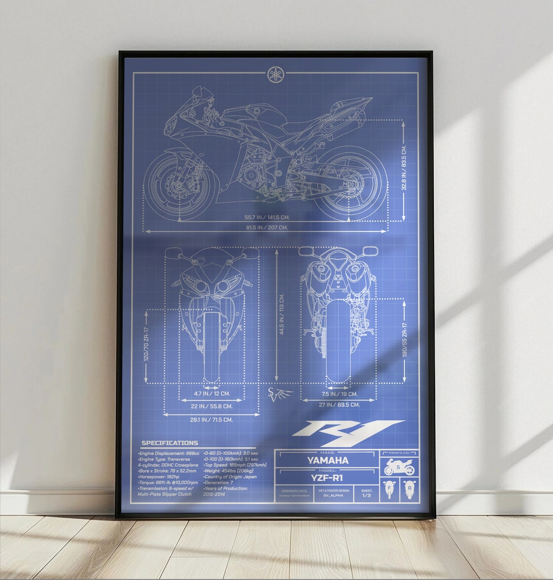 Yamaha YZF-R1 (2012) Informational Blueprint - Motorcycle Poster - Etsy