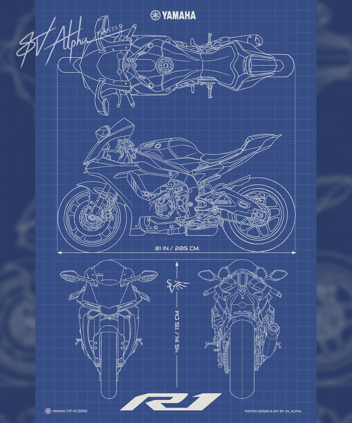 Yamaha YZF-R1 (2015) Minimalistic Blueprint - Motorcycle Poster - Etsy