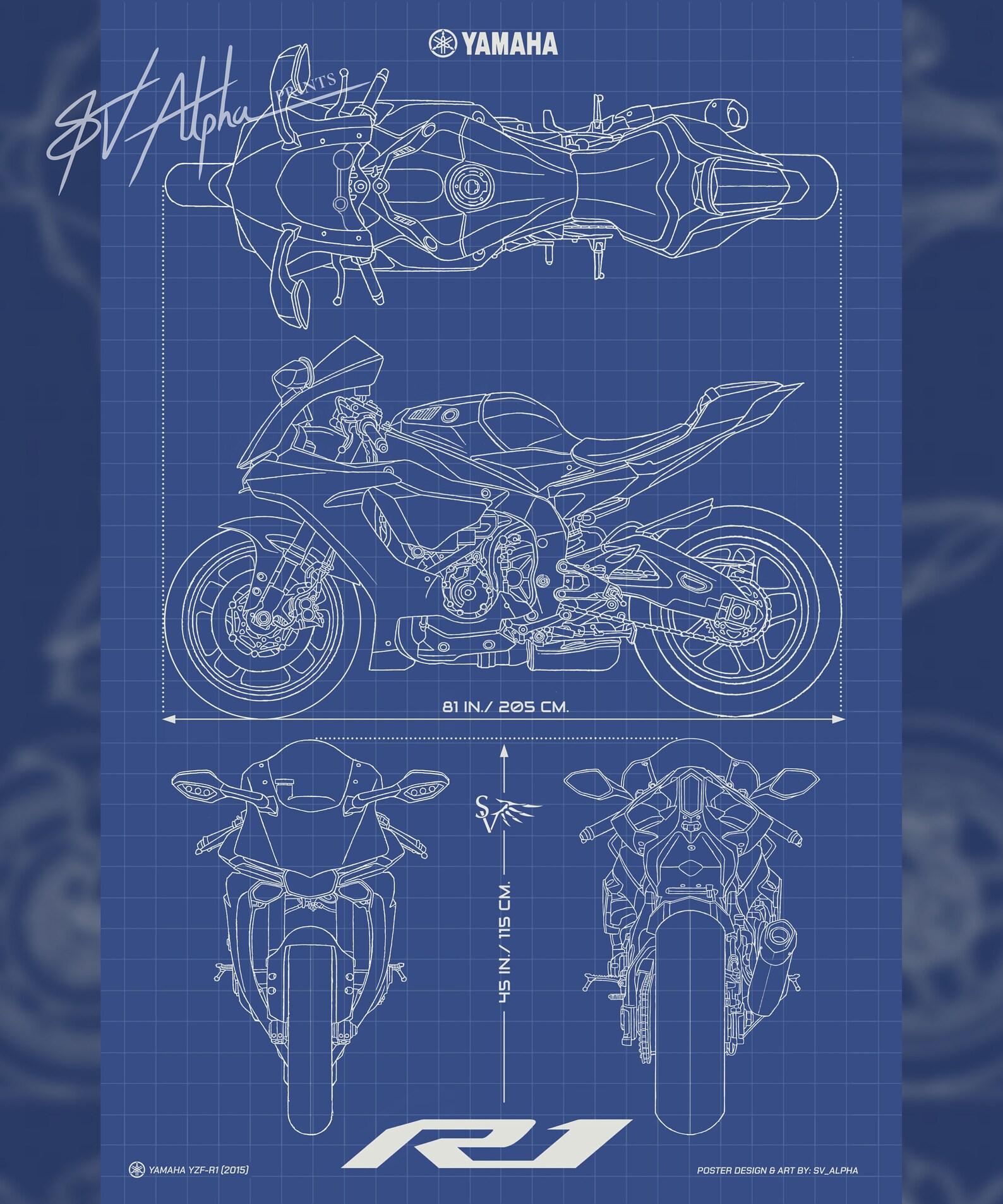 Yamaha YZF-R1 (2015) Minimalistic Blueprint - Motorcycle Poster - Etsy