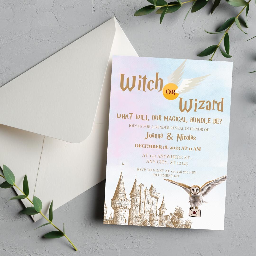 Magical Gender Reveal Invitation, Witch or Wizard Template, Canva ...